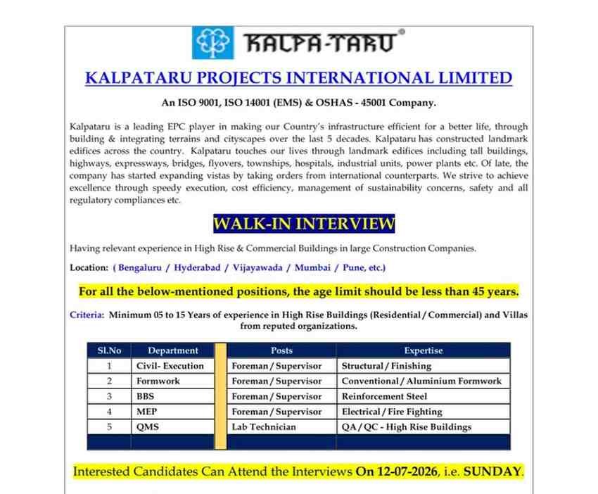 Kalpataru Projects International Limited Recruitment 2026 | Walk-In ...